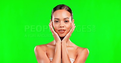 Woman, hands and skincare for face by green screen with natural ...