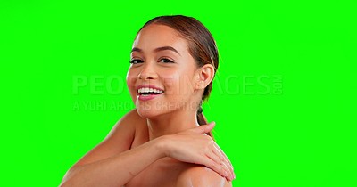 Face, cream and woman with skincare, green screen and treatment for ...