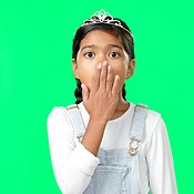 Girl, princess and shock face by green screen studio with wow, surprise ...