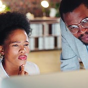 Confused business people, team and talking at computer for deadline ...