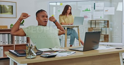 Business, fatigue and black man tired, stretching and overworked with ...