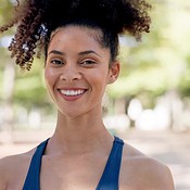 Fitness, face and happy woman runner in a park for exercise, training ...