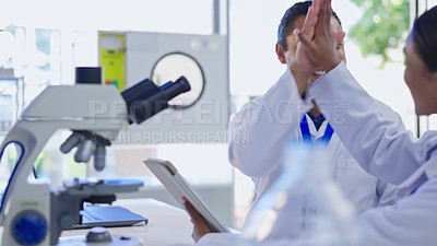 Scientist team, communication and tablet with happy lab staff with ...
