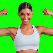 Green screen, face and happy woman flexing muscles in workout, fitness ...