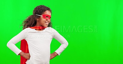Green screen, superhero and child doing flying gesture in costume with ...