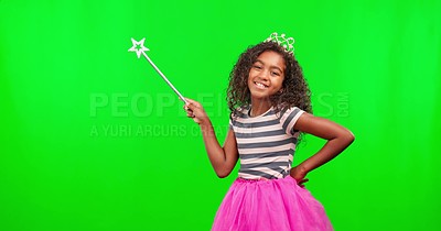 Children, wand and a girl on a green screen background in studio as a ...