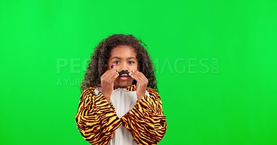Green screen, fake moustache and child in costume, funny accessory and ...