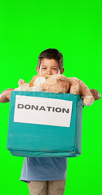 Green screen, superhero and child with poster for donation, charity and ...