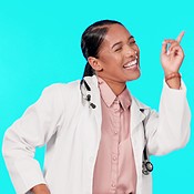 Doctor, woman and dancing celebration in studio for advice, healthcare ...