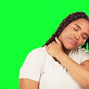 Black woman, hand and neck pain on studio green screen with muscle ...