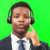 Black man, callcenter and phone call, CRM on green screen with communication, mockup and contact ...