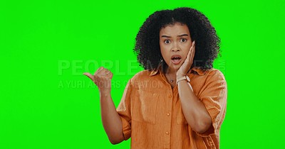Green screen face, shocked and woman point at retail promo information ...