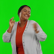 Green screen, happy and black woman dancing in celebration after ...