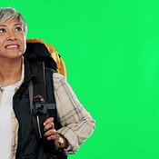 Backpack, green screen and woman hiking isolated on studio background ...