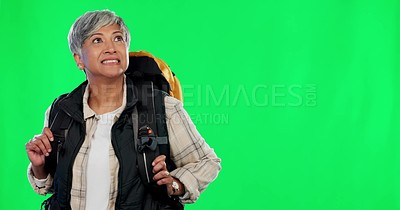 Backpack, green screen and woman hiking isolated on studio background ...