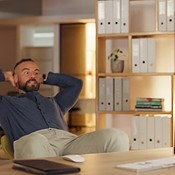 Office, fall and business man on chair at desk with accident, mistake ...