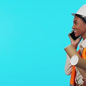 Woman architect, phone call and studio by blue background with mockup ...