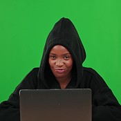 Black woman, green screen or portrait of thief hacker in cybersecurity ...