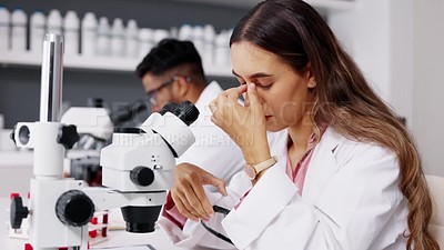 Neck pain, burnout and scientist in laboratory, exhausted fatigue and ...