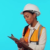 Construction worker, notes and a woman with paperwork for architecture ...