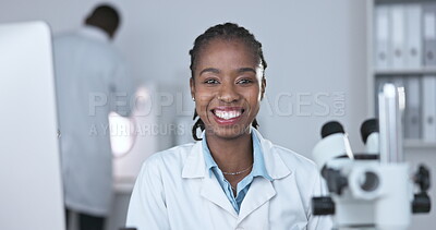 Black woman, scientist and face with smile and science study in ...