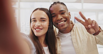 Tongue out, face selfie and couple kiss in home taking profile picture ...