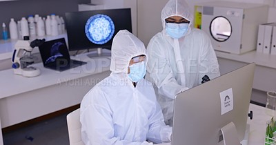 Scientist team in laboratory, PPE and discussion with computer and ...
