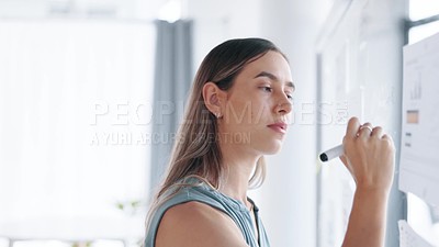 Chart, graph and woman writing, planning and creative problem solving ...