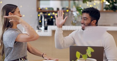 Business people, celebration and high five with documents for winning ...