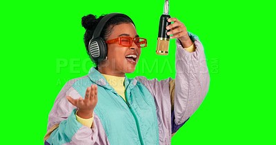 Woman, hand pointing and face with green screen and happiness with ...