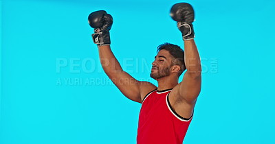 Boxer, man and celebration, winner or champion in studio isolated on a ...