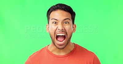 Confused, doubt and man portrait with green screen with think, emoji ...