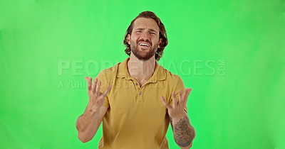 Sad, upset and face of a man on a green screen isolated on a studio ...