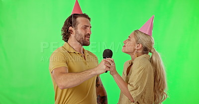 Green screen, birthday and friends singing karaoke for a birthday ...