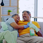 Cleaning, happy home or senior couple hug, smile and laughing at funny ...