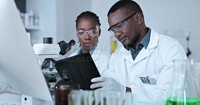 Scientist, tablet and teamwork of people in laboratory for analysis ...