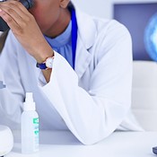 Scientist hands, black woman and sanitizer with microscope, analysis of ...