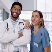 Face, medical doctors and laughing for teamwork in hospital, healthcare ...