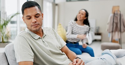 Couple, separation and conflict on sofa from disagreement fight or ...
