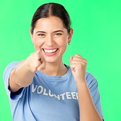 Volunteer woman, green screen and point at you for recruitment, welcome ...