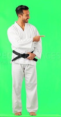 Portrait, karate and shouting with a man on a green screen background ...