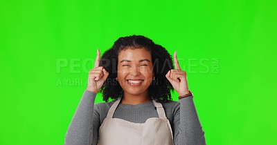 Face, business owner and woman with green screen, pointing and ...