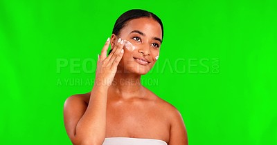 Green screen, makeup and woman with beauty blender and blush in studio ...