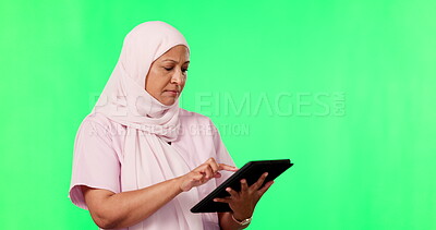 Needle, green screen and woman doctor isolated on a studio background ...