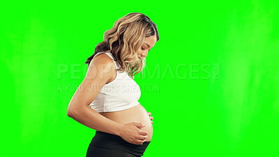 Green screen, profile or happy pregnant woman with tummy in studio for ...