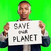 African man, green screen and poster for protest, climate change and ...