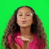 Green screen, studio and child blowing a kiss for love, care and ...