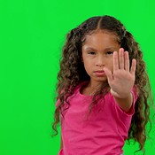 Stop hand, child portrait and green screen with anger and no emoji sign ...
