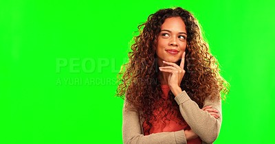 Thinking, green screen comparison and woman decision, choice and scale ...