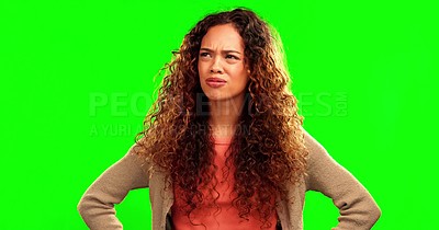 Confused, frustrated and woman in green screen studio with fail ...